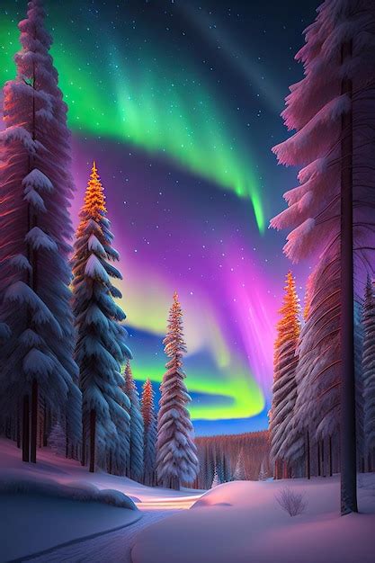 Premium AI Image Northern Lights Against The Background Of Snowy Trees In The Winter Forest