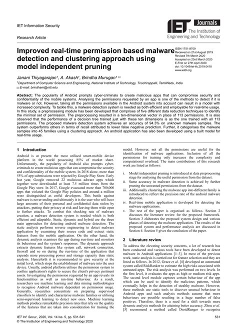Pdf An Improved Realtime Permission Based Malware Detection And Clustering Approach Using