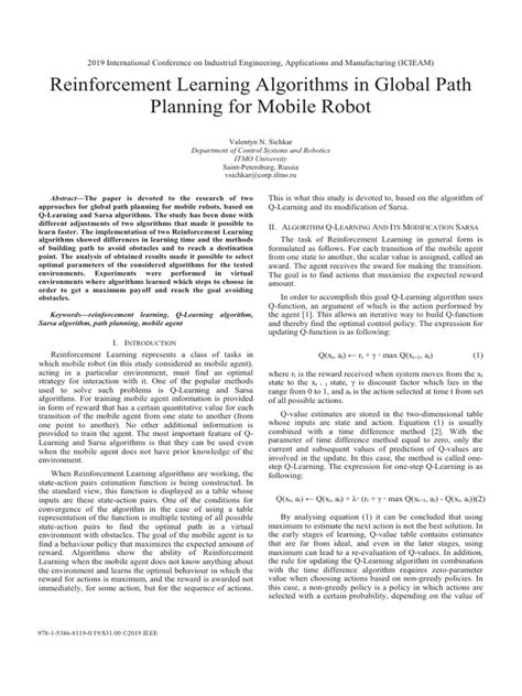 Reinforcement Learning Algorithms In Global Path Planning For Mobile Robot Pdf Applied