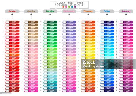 현대 비즈니스 수직 시간별 타임 라인 프로세스 차트 인포 그래픽 템플릿 그래픽 매주 및 168 시간 계획의 추상 요소입니다 벡터
