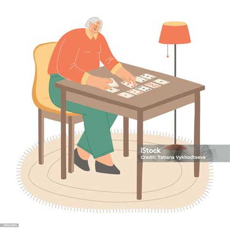 집에서 솔리테어를 연주하는 노인 여성 행복한 노인은 지적 게임을합니다 테이블에 앉아 카드를 연주하는 나이든 여성들 흰색 배경에 고립된 벡터 일러스트 레이 션 솔리테어 카드