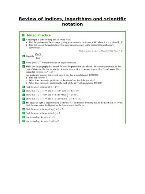 Review Of Indices Logarithms And Scientific Notation Pdf