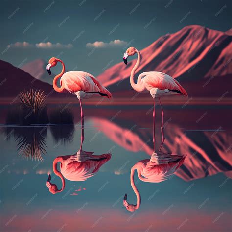 Flamencos Rosados En El Lago Con El Telón De Fondo De Montañas Rosas