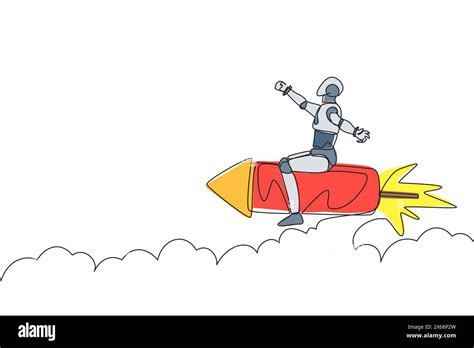 Single One Line Drawing Robot Flying High Riding Firework Rocket