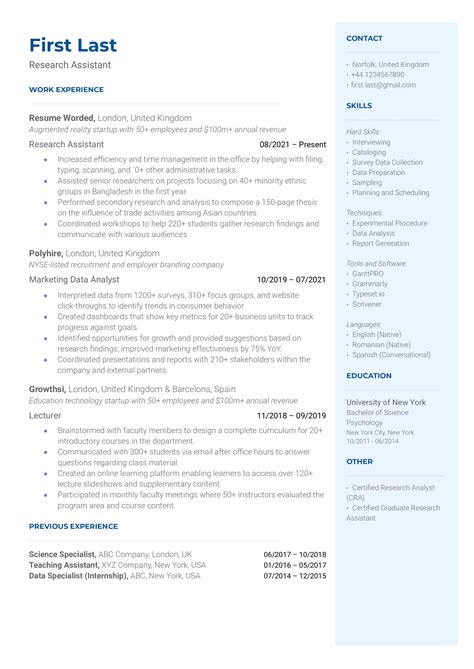 11 Research Assistant Cv Examples For 2025 Resume Worded