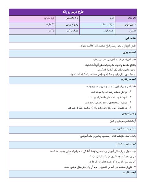 طرح درس روزانه علوم تجربی دوم دبستان درس 9 سرگذشت دانه گاما