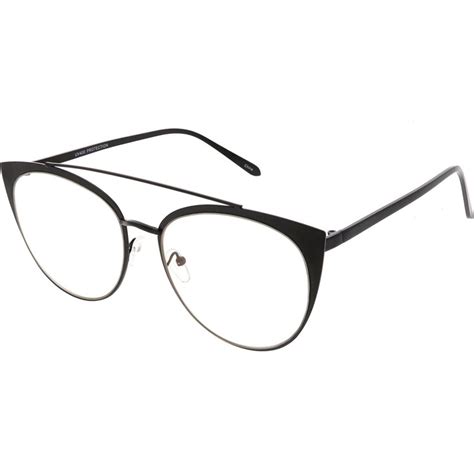 Womens Oversize Metal Crossbar Round Clear Flat Lens Cat Eye Glasses 61mm Black Clear
