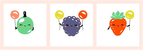 구스베리 블랙베리 딸기의 가와이이 캐릭터 여러 가지 빛깔의 풍선 귀여운 행복 과일 인사말 카드 직물 인쇄 또는 포스터에 대한 벡터 일러스트레이션 드로잉에 대한 스톡 벡터