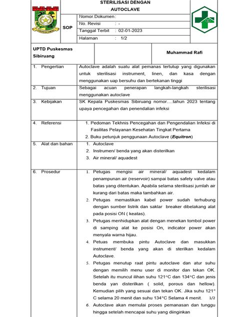Sop Mutu Sterilisasi Autoclave Pdf