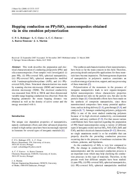 Pdf Hopping Conduction On Ppy Sio2 Nanocomposites Obtained Via In Situ Emulsion Polymerization