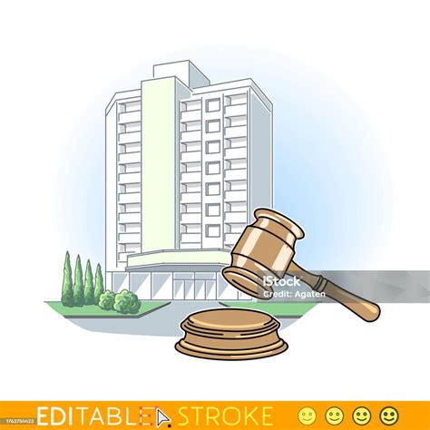 주거용 건물 앞에서 망치 또는 판사 망치 부동산 개념입니다 모기지 또는 연립을 위한 서류 작업 편집 가능한 획이 있는 스케치 벡터 건물 외관에 대한 스톡 벡터 아트 및 기타