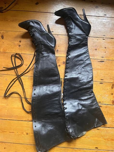 Vintage Black Leather Thigh High Fetish Boots Lace Ups Uk 5 Dominatrix