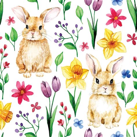 Seamless Pattern Of Cute Easter Bunnies And Spring Flowers Daffodils Tulips Holiday Print