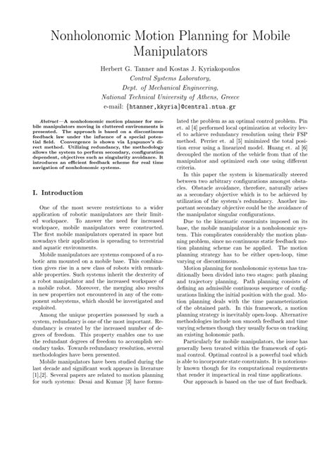 Pdf Nonholonomic Motion Planning For Mobile Manipulators