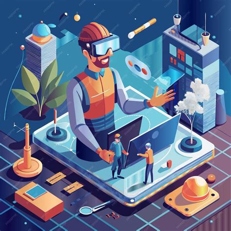 Premium Vector A Cartoon Of A Man Working On A Computer With A Computer In The Background