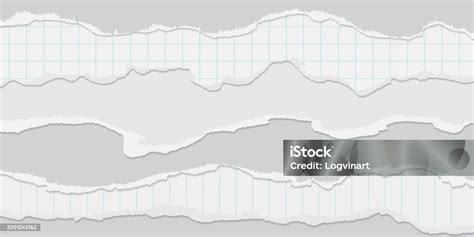 찢어진 종이 배경 부드러운 그림자가 있는 흰색 정사각형 및 줄이 그어진 메모 용지의 수평 파쇄 조각 벡터 일러스트 레이 션 찢겨진에 대한 스톡 벡터 아트 및 기타 이미지