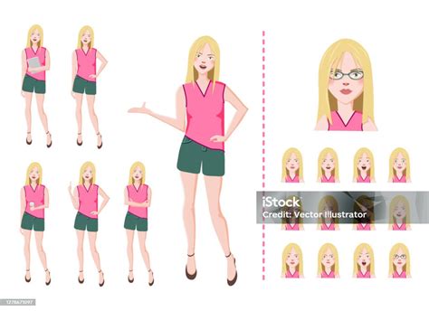 분홍색 블라우스와 반바지에 금발 머리를 가진 젊은 여자 다른 제스처는 12 개의 얼굴 표정으로 벡터 그림을 격리했습니다 Full