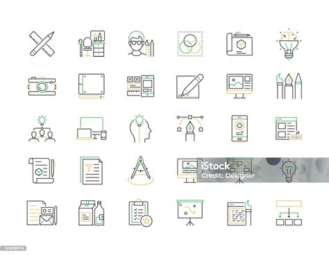 그래픽 디자인 관련 벡터 얇은 선 아이콘 윤곽선 기호 모음 개념에 대한 스톡 벡터 아트 및 기타 이미지 개념 결정 계획 Istock