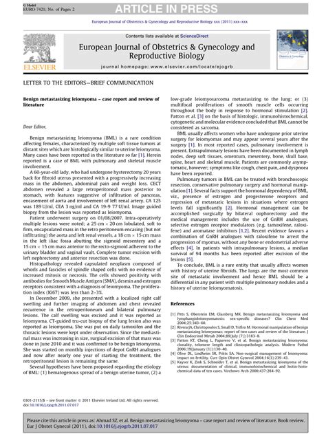 Pdf Benign Metastasizing Leiomyoma Case Report And Review Of Literature
