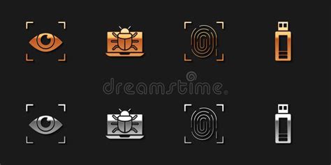 Set Eye Scan System Bug On Monitor Fingerprint And Usb Flash Drive Icon Vector Stock Vector