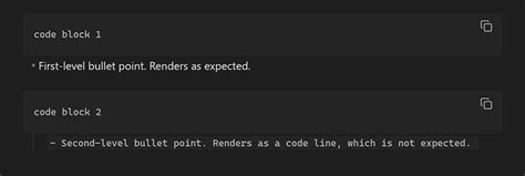 Adding A Second Level Bullet Point Right After A Code Block Leads To The Bullet Point Being