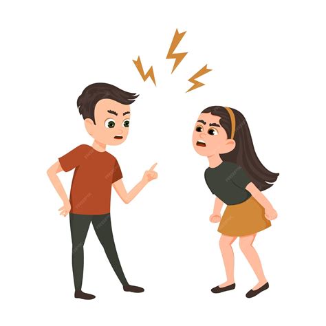 서로 싸우는 두 아이 소년과 소녀 벡터 만화 캐릭터 논쟁 프리미엄 벡터