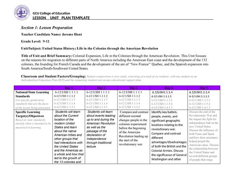 5 Day Lesson Plan Benchmark Section 1 Lesson Preparation Teacher