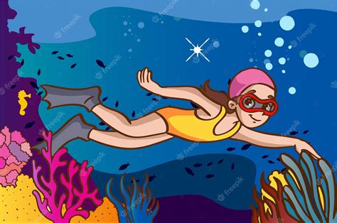 수중 벡터 일러스트 레이 션을 수영하는 소녀 수중 수영 탐험 바다와 소녀 스노클링 프리미엄 벡터