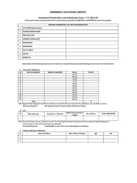 Bb Investment Declaration Form Fy 2023 24 Pdf Insurance Government Finances