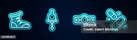 세트 라인 스포츠 복싱 신발 울리는 종 권투 벨트 및 비타민 알약 빛나는 네온 아이콘입니다 벡터 Championship에 대한 스톡 벡터 아트 및 기타 이미지 Istock