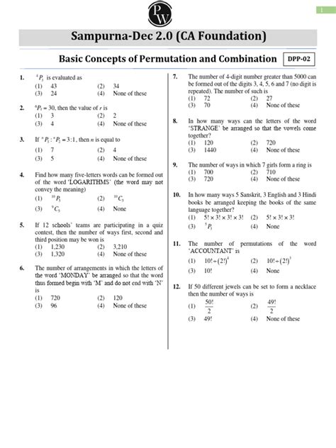 Basic Concepts Of Permutation And Combination Dpp 02 Sampurna 20 Dec 2023 Pdf Linguistics