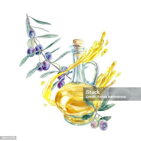 병에 담긴 올리브 오일 튀김 올리브 가지 흰색 배경에 고립된 수채화 그림입니다 라벨 포장 전단지 표지 화장품 건강한 식생활에