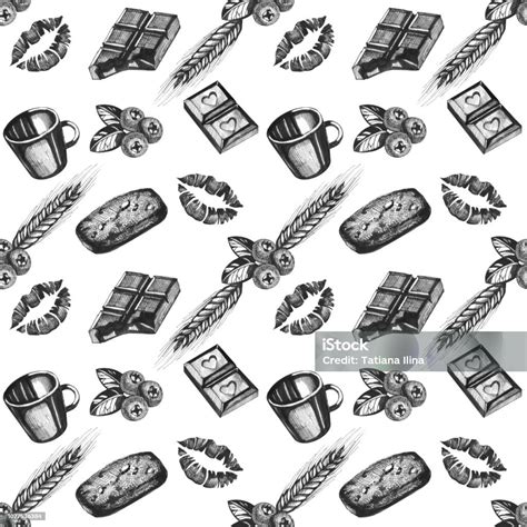 손으로 그린 잉크 그림입니다 초콜릿 입술 크랜베리 호 밀 쿠키와 컵 벽지 또는 직물 디자인 개체 그룹에 대한 스톡 벡터 아트 및 기타 이미지 Istock