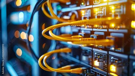 Yellow Network Cables Connected To Server Boxes In An Office Information Technology Computer