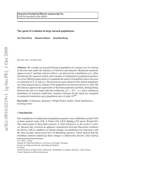 Pdf The Speed Of Evolution In Large Asexual Populations