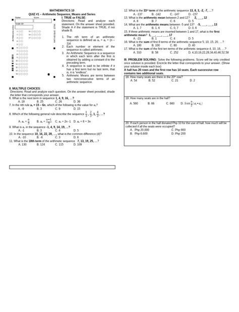 Q1 Quiz 1 Arithmetic Sequence Means And Series Pdf Arithmetic Mathematics