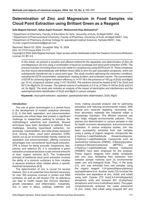 Pdf Determination Of Zinc And Magnesium In Food Samples Via Cloud Point Extraction Using