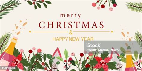 크리스마스 자연 디자인 테두리 카드 소나무 가지 딸기 꽃 샴페인 한 병이 있는 템플릿 0명에 대한 스톡 벡터 아트 및 기타 이미지 Istock