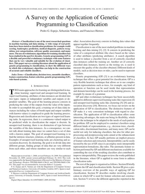 Pdf A Survey On The Application Of Genetic Programming To Classification