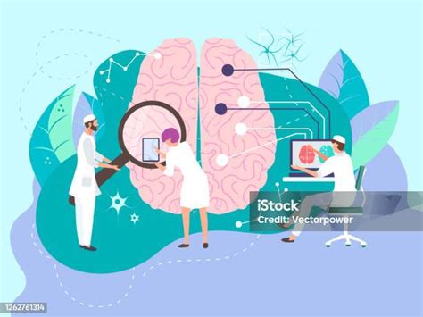 작은 캐릭터 의사 남성 보유 돋보기 연구 인간의 뇌 플랫 벡터 일러스트 컴퓨터 앉아 생물학 치료 과학자 남자 알츠하이머병에 대한