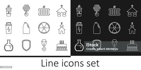 불타는 촛불 교회 건물 난방 라디에이터 가정용 화학 물질 병 피트니스 셰이커 커피 컵 방사성 및 산업용 후크 아이콘으로 라인 케이크를 설정합니다 벡터 건설 산업에 대한 스톡