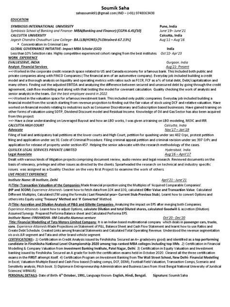 Soumik Saha Resume 2023 Pdf Valuation Finance Financial Analyst