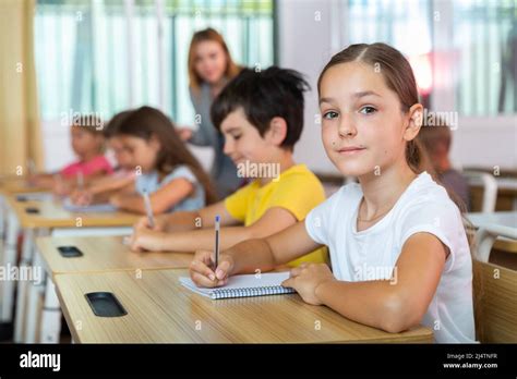 Smiling Tween Schoolgirl Writing In Workbook At Lesson In Class Stock