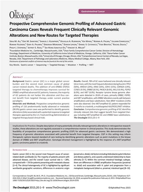Pdf Prospective Comprehensive Genomic Profiling Of Advanced Gastric Carcinoma Cases Reveals