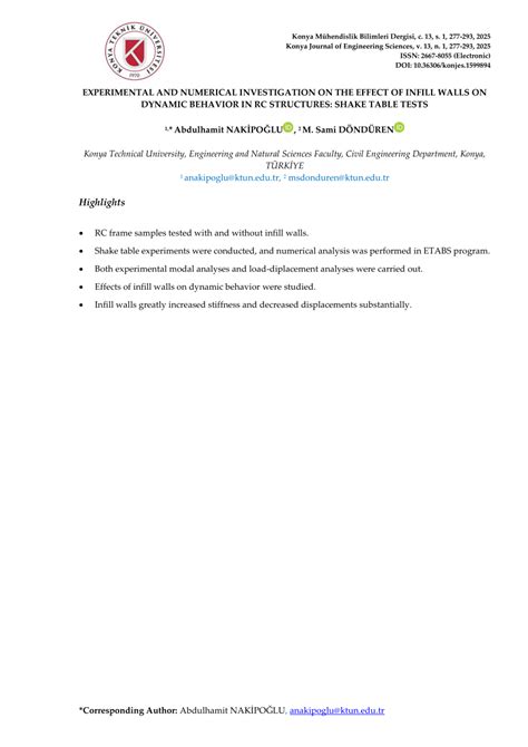 Pdf Experimental And Numerical Investigation On The Effect Of Infill Walls On Dynamic Behavior
