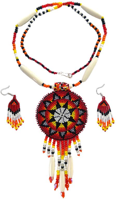Red Seed Beads Long Medallion Star Fire Color Beaded Necklace Earrings