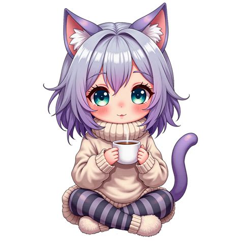 Cozy Chibi Cat Girl With Purple Hair And Warm Sweater 51949570 Png