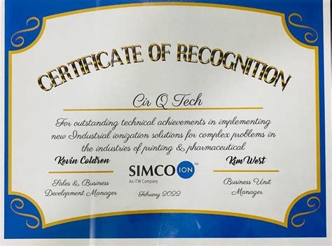 Awarded Certificate Of Recognition For Outstanding Achievement In