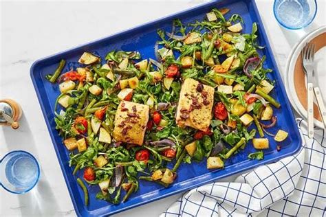 Recipe Sheet Pan Trout And Olive Vinaigrette With Roasted Vegetable