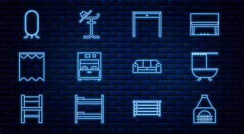 세트 라인 인테리어 벽난로 샤워 커튼 욕조 나무 테이블 주방 식기 세척기 기계 커튼 큰 전체 길이 거울 소파와 코트 스탠드 아이콘 벡터 가구에 대한 스톡 벡터 아트 및 기타